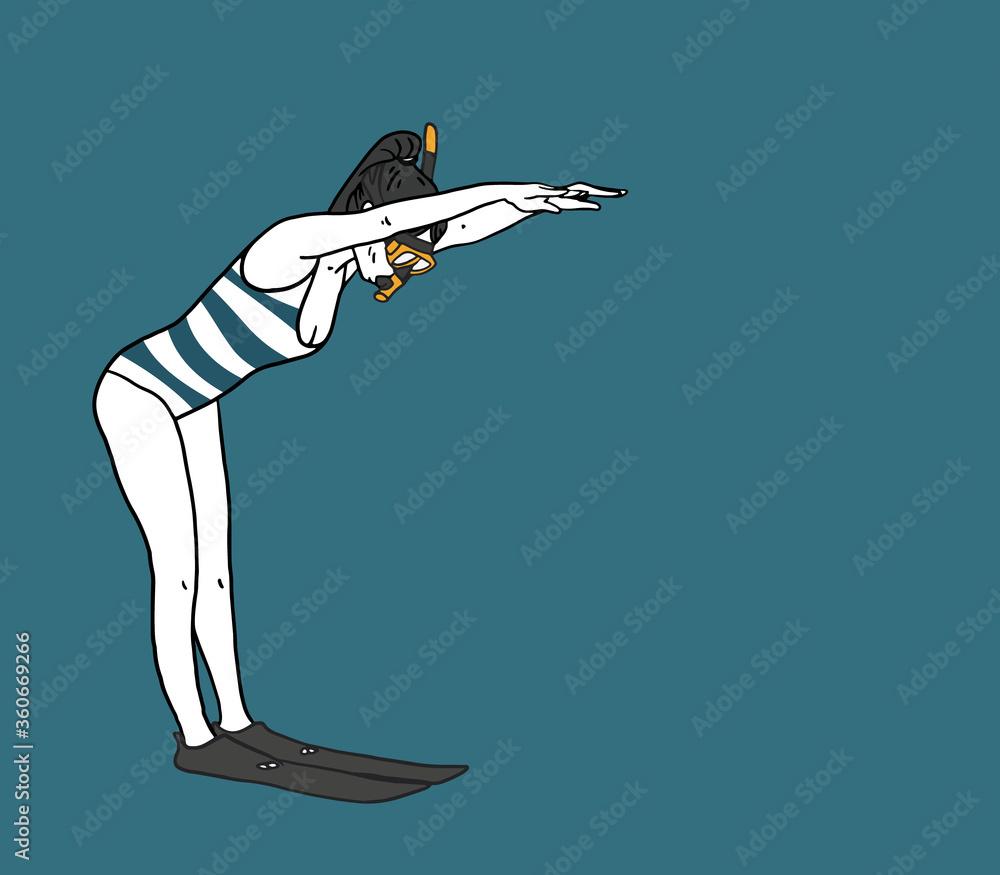 Woman in a bathing suit. Drawing of a swimmer in a swimsuit with diving ...