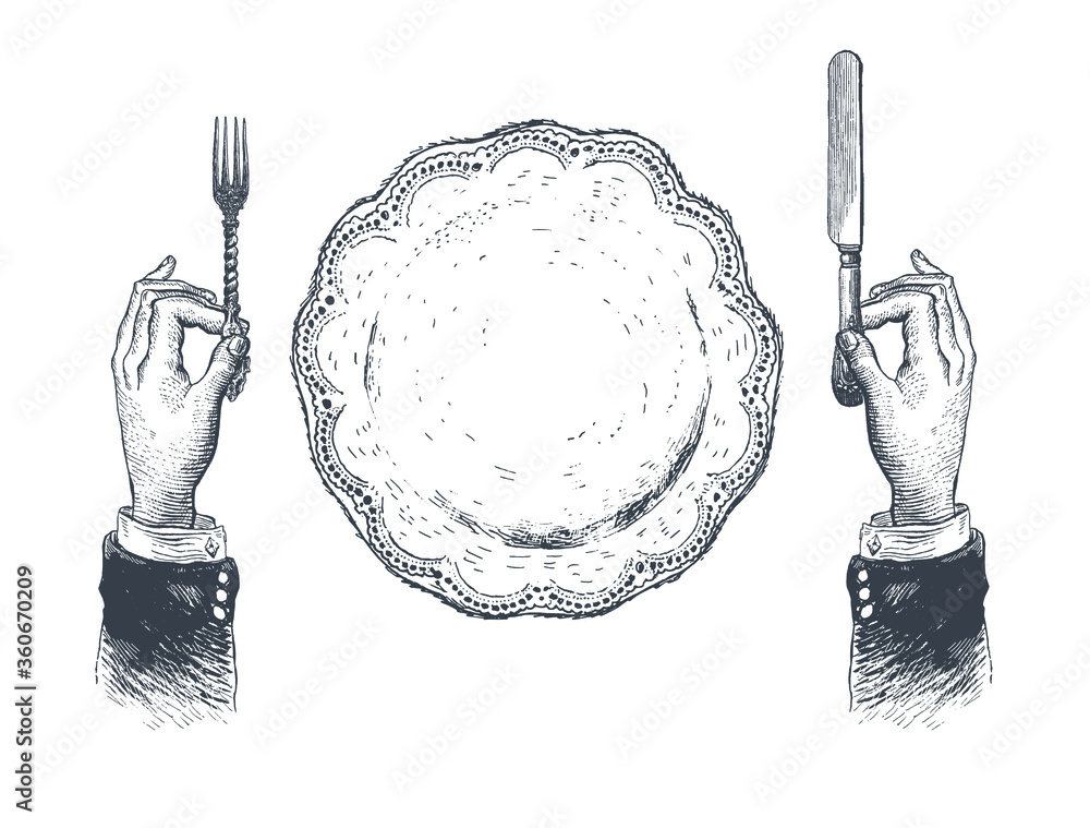 Hands with cutleries.Table setting with plate, fork, knife. Hand drawn ...