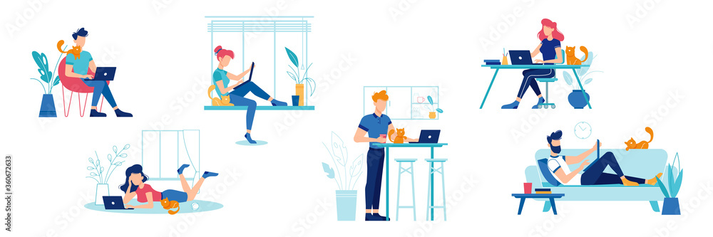 Work at home, people at home office, freelance and online, vector flat ...