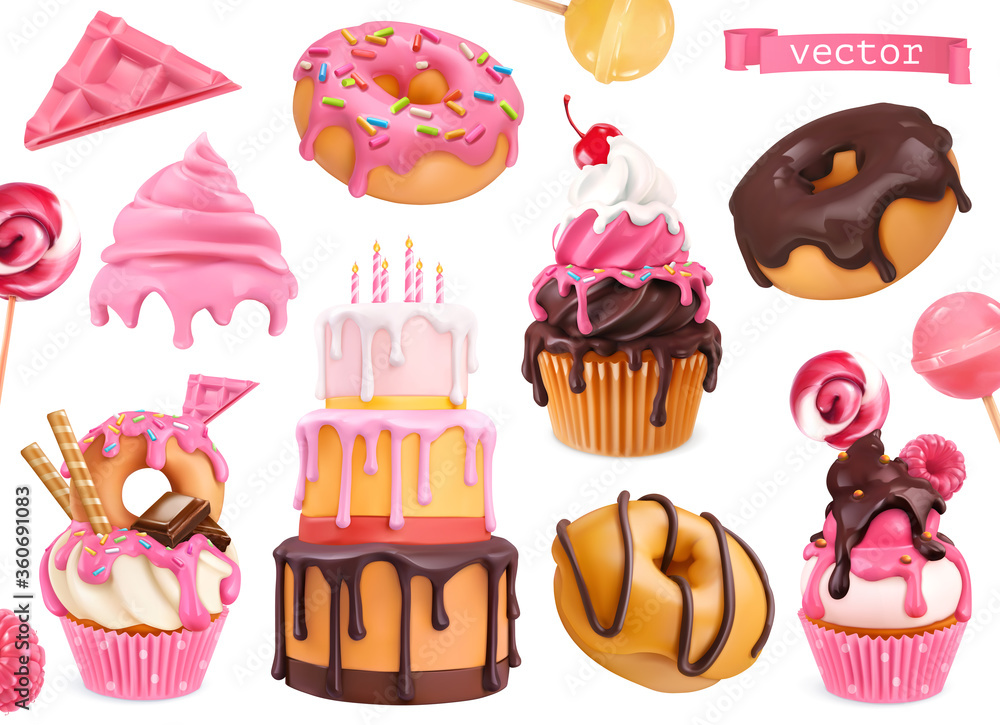 Sweets 3d vector realistic objects. Cupcakes, cake, donuts, candy. Food ...