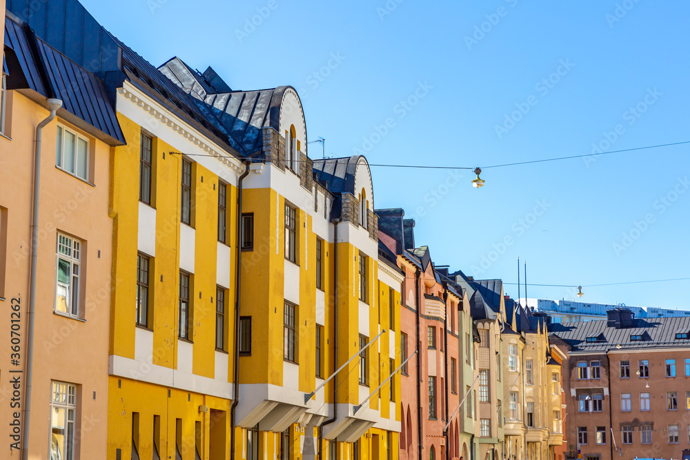 Colorful facades of buildings in Helsinki, the capital of Finland, the ...