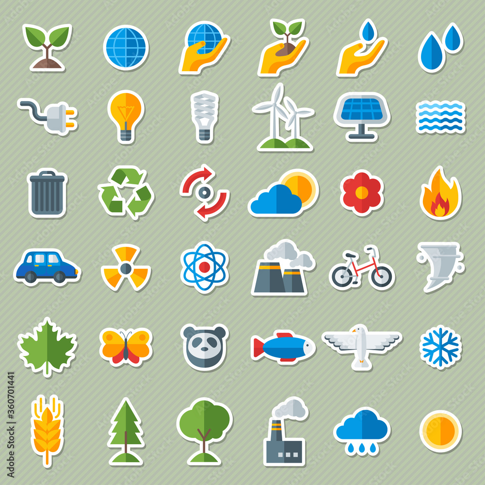 Ecology Flat Icons Stickers Set. Vector illustration. Hand with Sprout ...