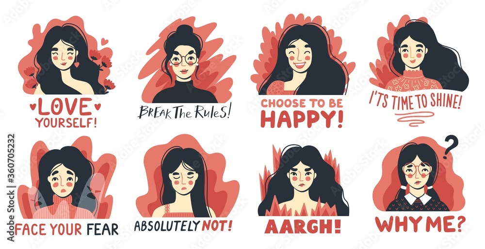 Set of women expressing various emotions with inspirational quotes ...
