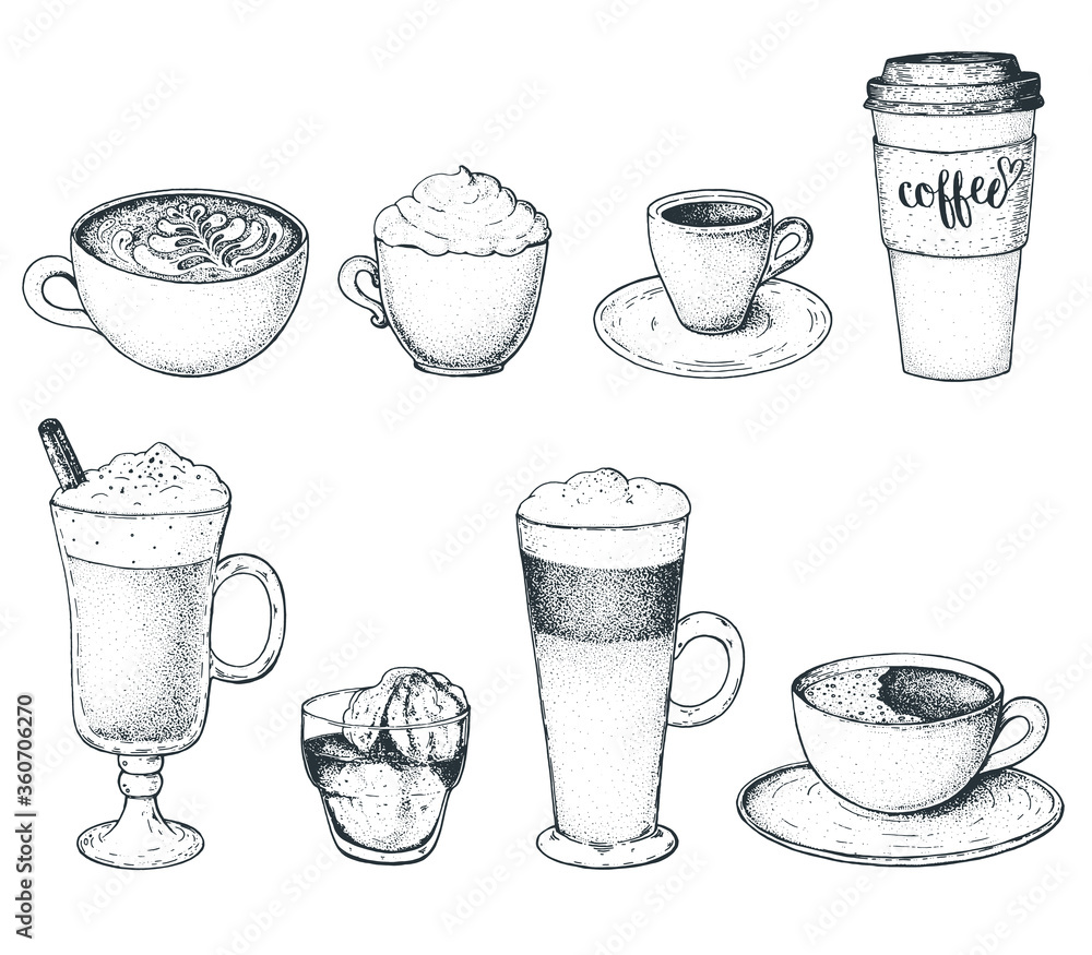 Set of coffee drinks, vector illustration. Sketch elements for coffee ...