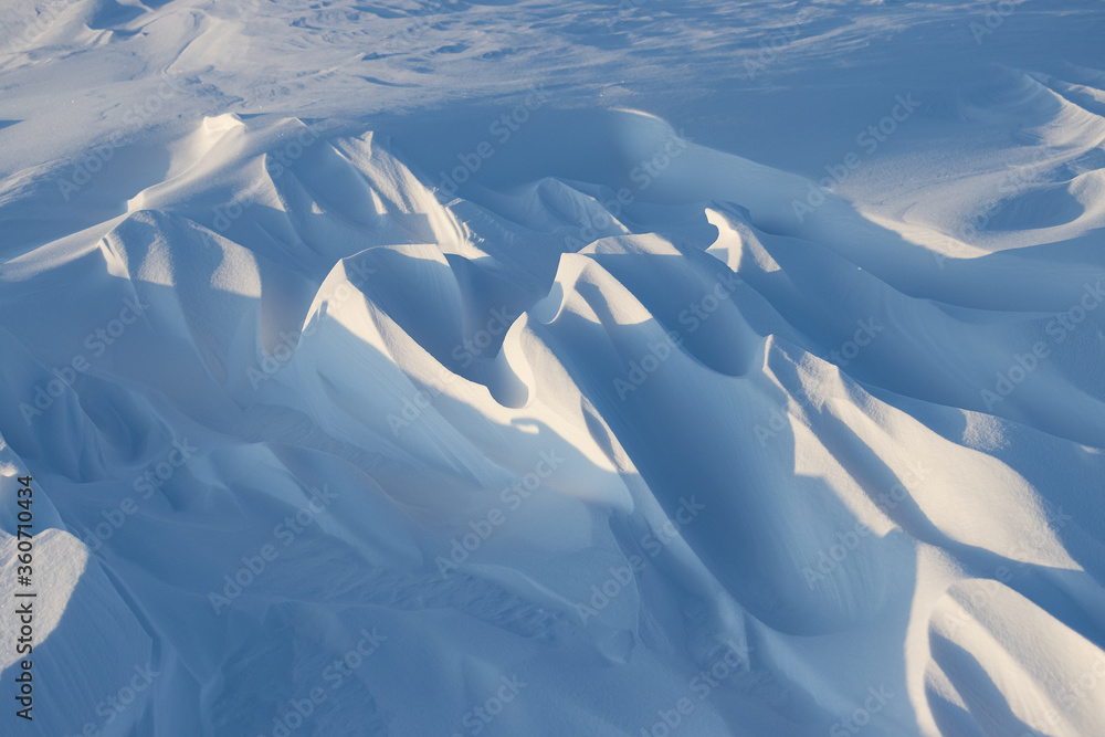 Snow texture. Wind sculpted patterns on snow surface. Wind in the ...