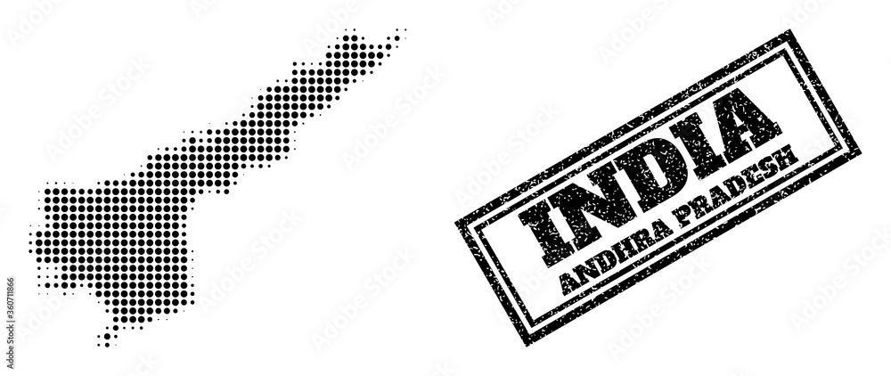 Halftone map of Andhra Pradesh State, and grunge stamp. Halftone map of ... Halftone map of Andhra Pradesh State, and grunge stamp. Halftone map of ...