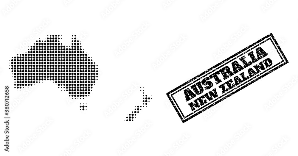 Halftone map of Australia and New Zealand, and rubber watermark ...