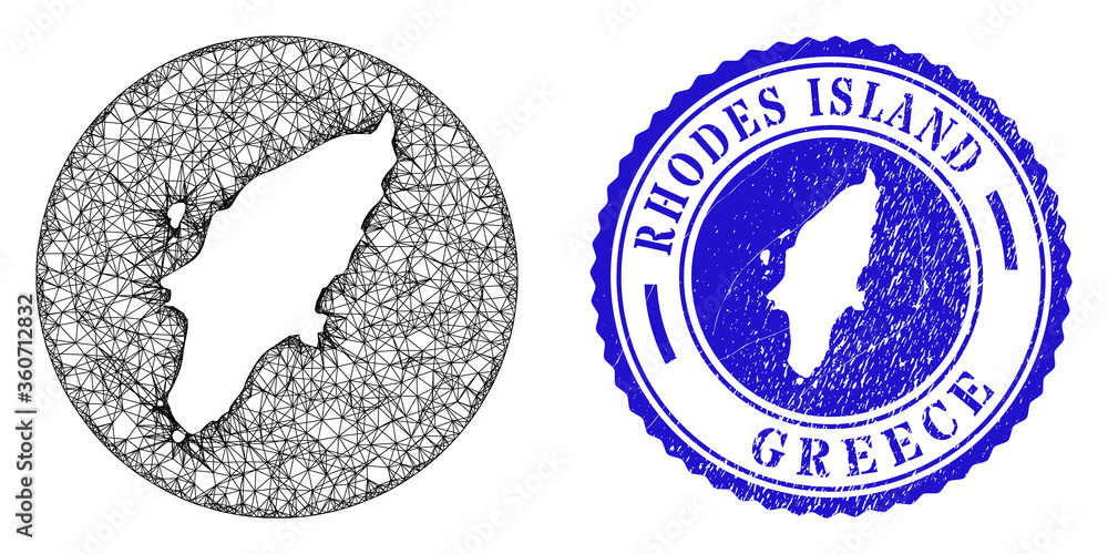 Mesh stencil round Rhodes Island map and scratched seal stamp. Rhodes ...