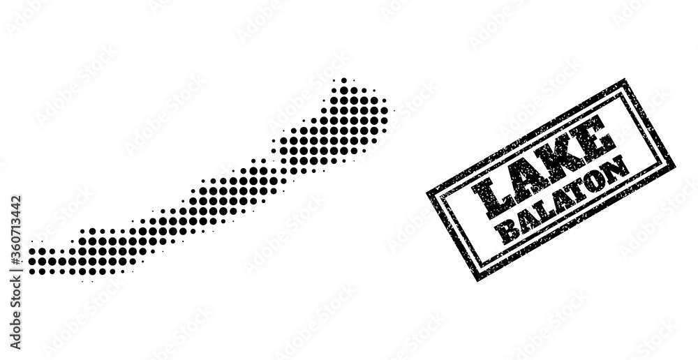 Halftone map of Balaton Lake, and textured seal stamp. Halftone map of ...