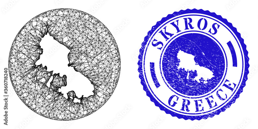 Mesh hole round Skyros Island map and scratched seal stamp. Skyros ...