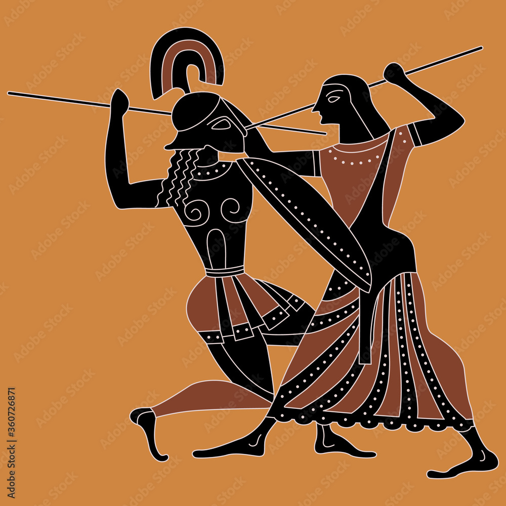 Ancient Greek goddess Athena fighting male warrior. Vase painting style ...