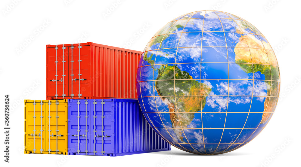 Earth Globe with cargo containers. Global cargo shipping and delivery ...
