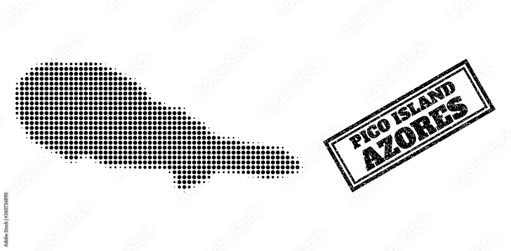 Halftone map of Pico Island, and grunge watermark. Halftone map of Pico ...