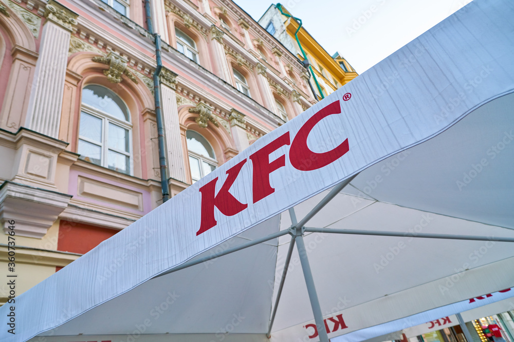 MOSCOW, RUSSIA - CIRCA SEPTEMBER, 2018: close up shot of KFC sign in ...