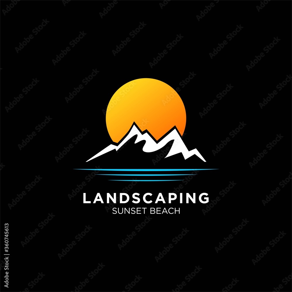 sunset / sunrise logo with mountain and beach landscape logo templates ...