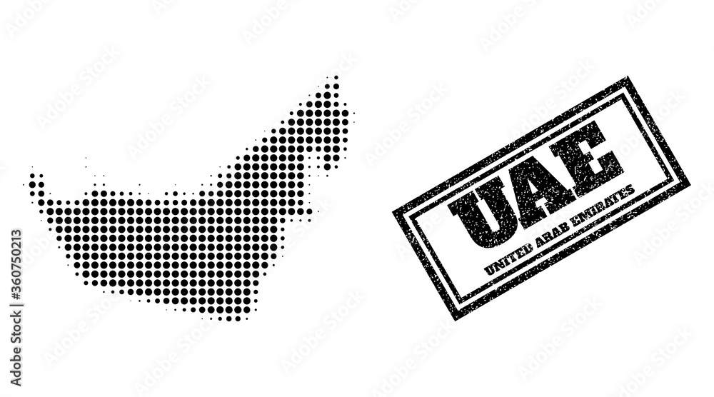 Halftone map of United Arab Emirates, and unclean seal stamp. Halftone ...