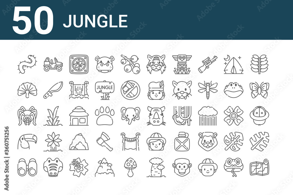 set of 50 jungle icons. outline thin line icons such as map, binoculars ...