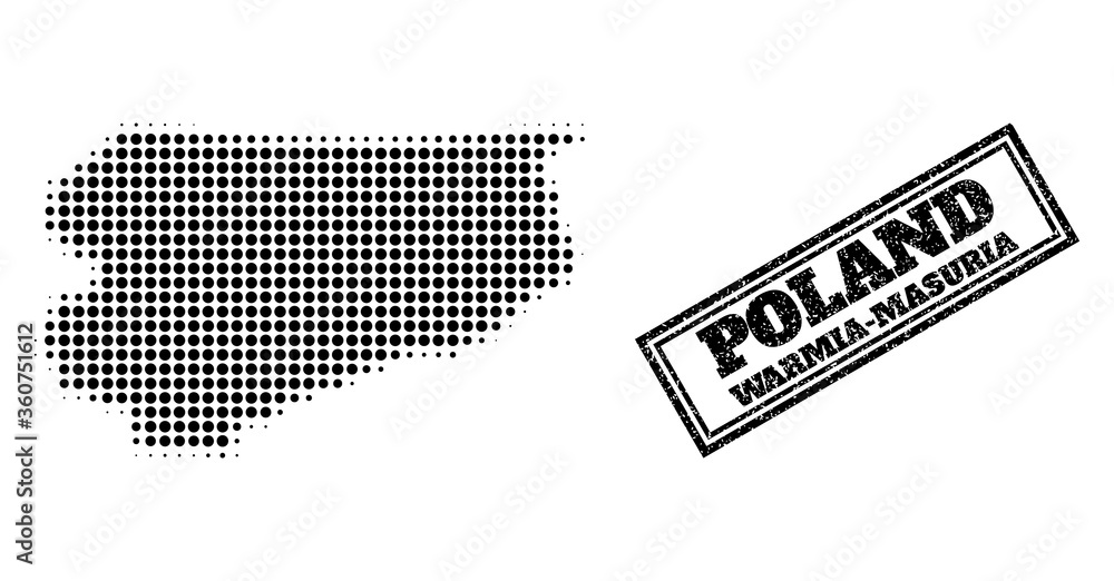Halftone map of Warmia-Masuria Province, and rubber watermark. Halftone ...