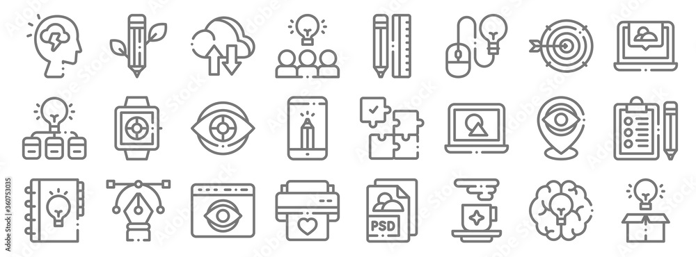 design thinking line icons. linear set. quality vector line set such as light bulb, food ...