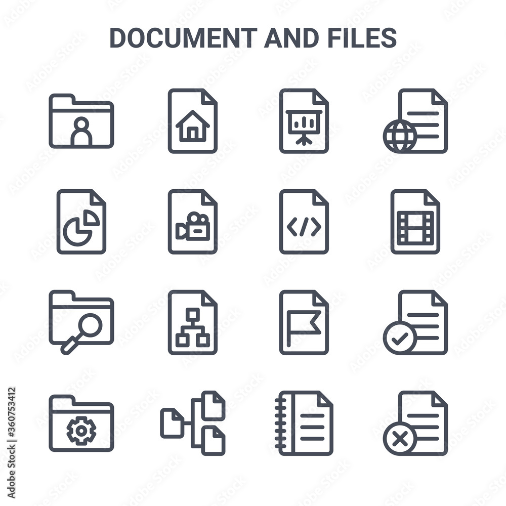 set of 16 document and files concept vector line icons. 64x64 thin ...