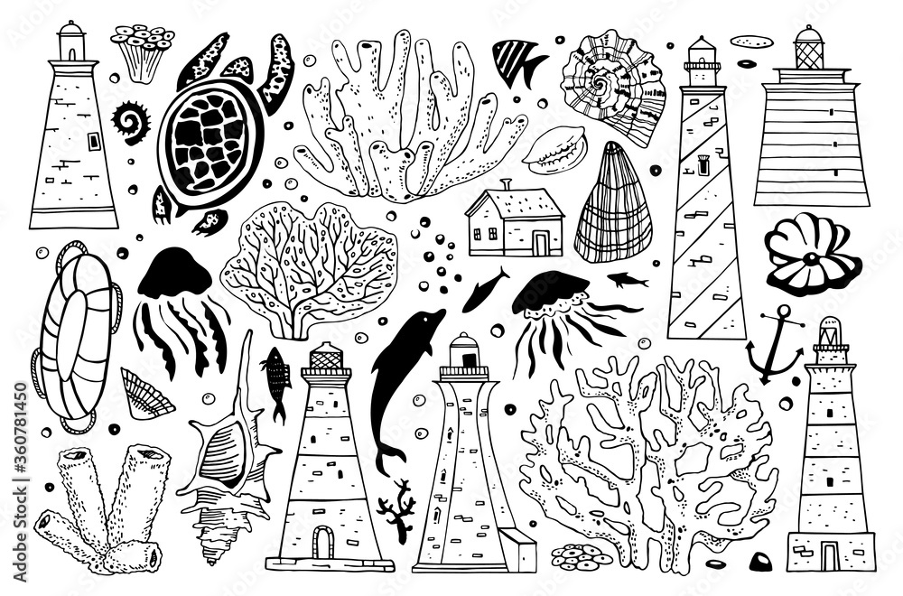 Set of sea animals, shells, corals and lighthouses. Hand drawn outline ...