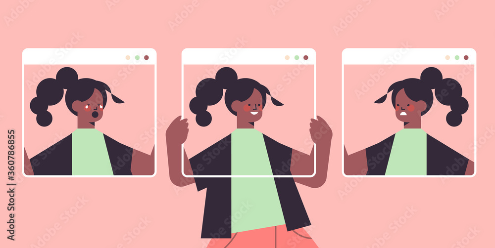 woman holding screens with different masks girl covering face emotions ...