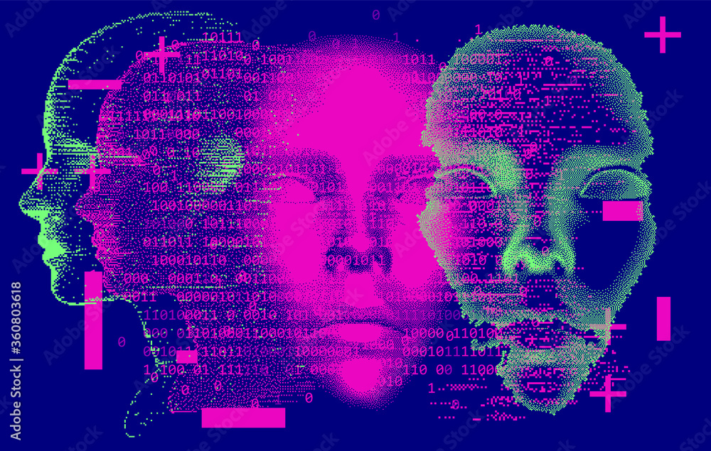 Abstract technology background with binary code and 3d face mask ...