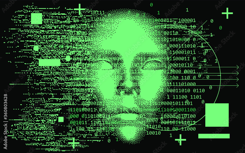 Abstract technology background with binary code and 3d face mask ...