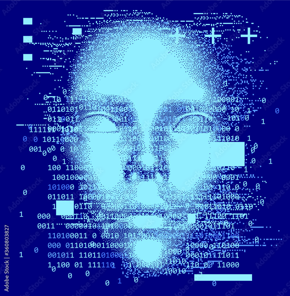 Abstract technology background with binary code and 3d face mask ...