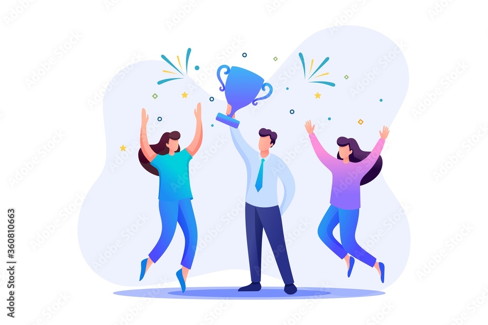Successful businessman celebrating a victory, teamwork. Flat 2D ...