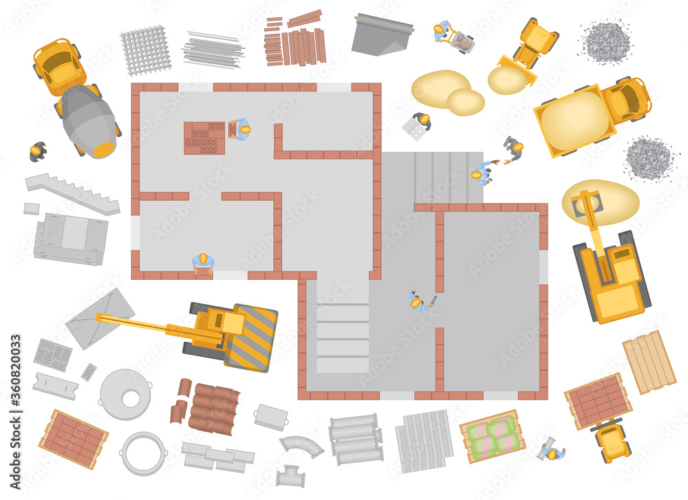 Vector illustration. Building top view. Construction, construction ...