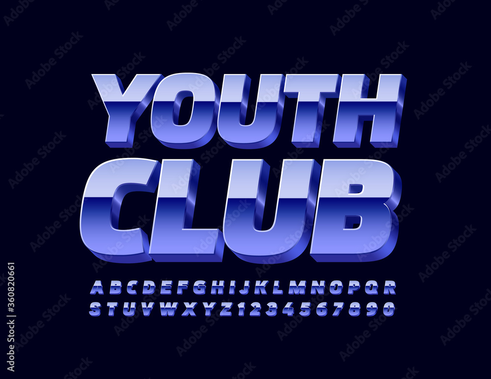 Vector modern sign Youth Club with 3D metal Font. Blue Chrome Alphabet ...