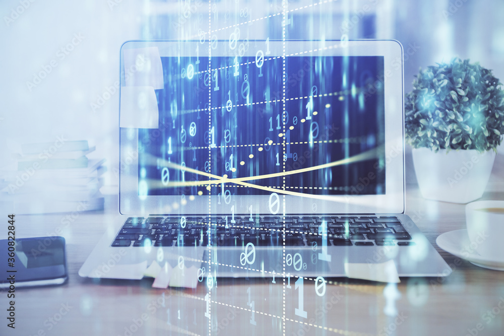 Technology theme drawing and table with computer. Double exposure ...