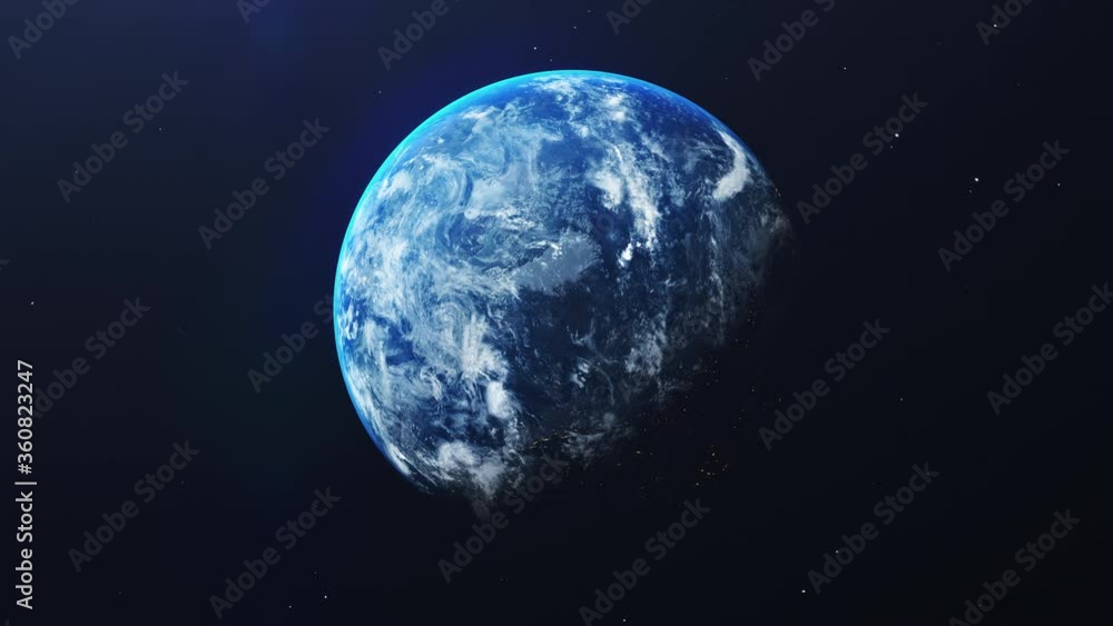 Earth in space view with shining sunrise in universe and galaxy ...