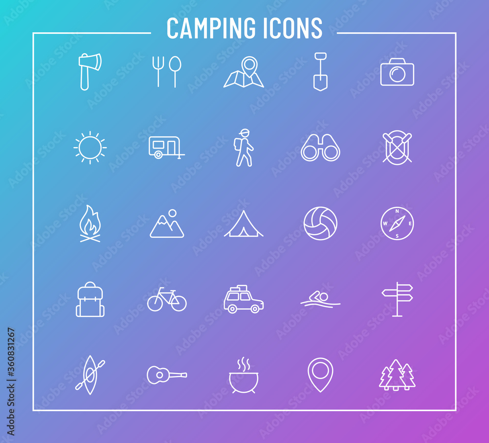 camping outline vector icons on color gradient background. camping icon set for web design and ...