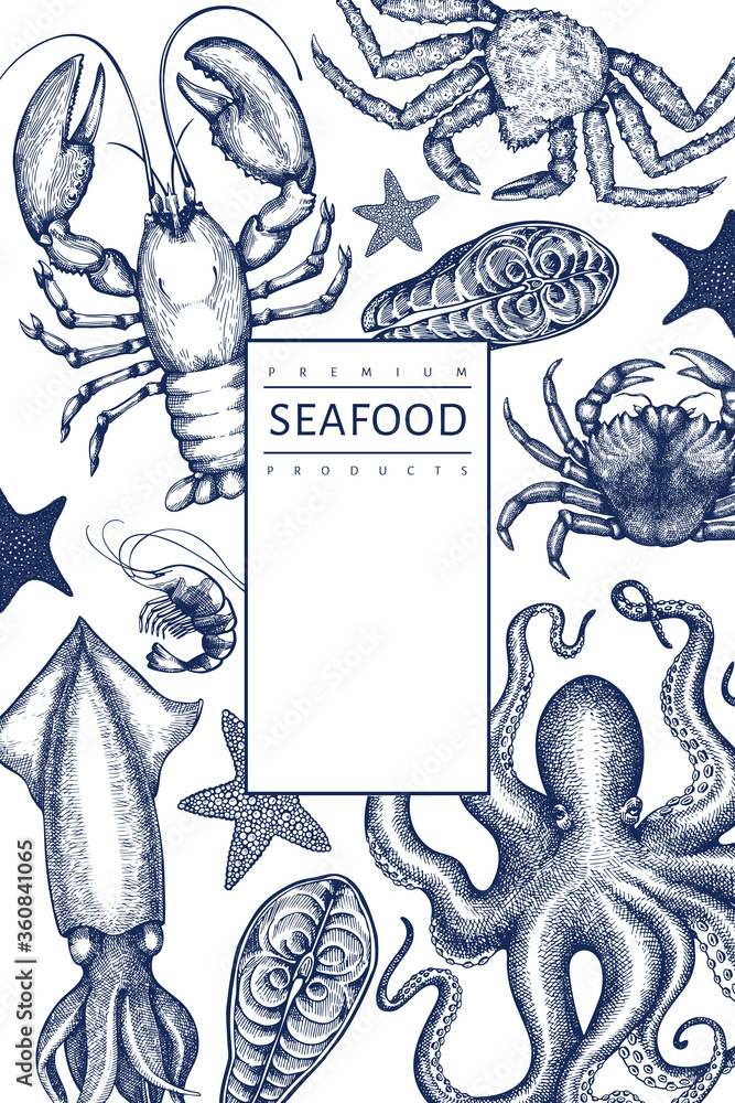 Seafood design template. Hand drawn vector seafood illustration ...