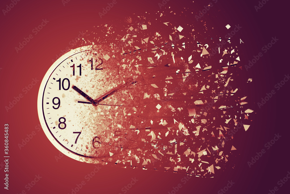 Time Management Concept : White wall clock break down and dispersion to ...