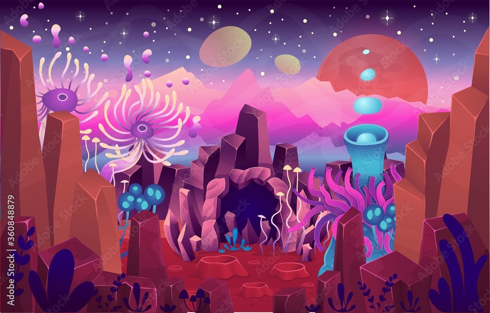 Fantasy landscape with a cave magical plants and mushrooms ...