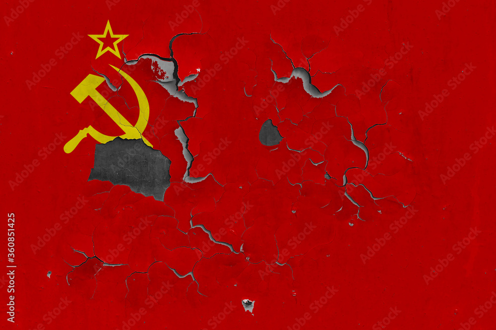 Foto de Soviet Union flag close up old, damaged and dirty on wall ...