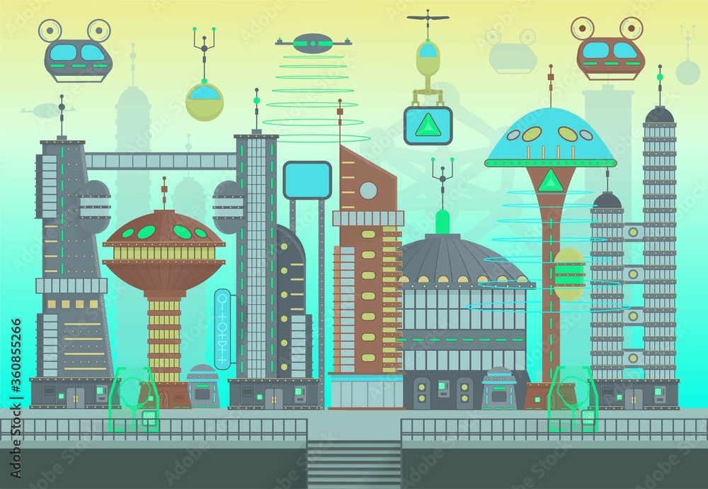 Futuristic city in flat cartoon design style. Panorama of a modern city ...