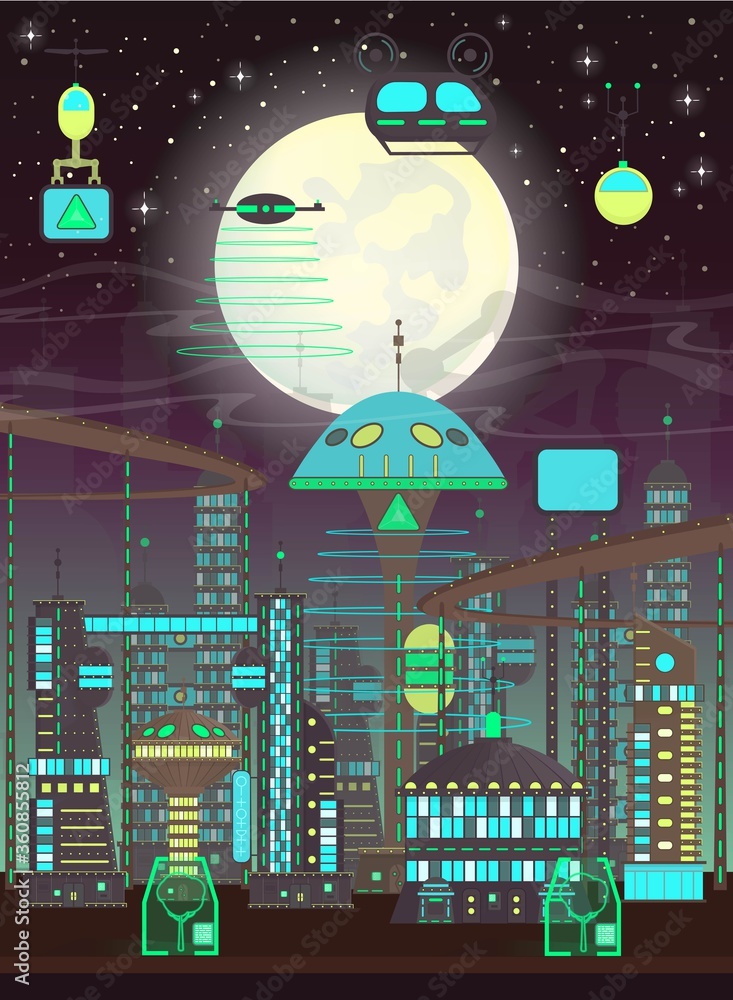 Futuristic night city set in flat cartoon style.Panorama of a modern ...