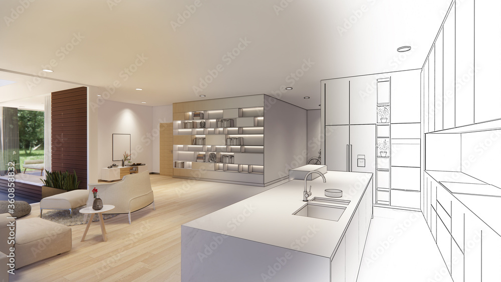 3d rendering. Interior house modern open living space with kitchen.Loft ...