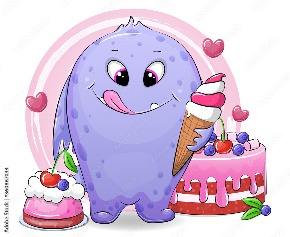 Cute cartoon little baby monster with ice cream and cakes. Sweet vector ...