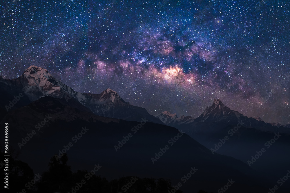 Nature landscape view of Himalayan mountain range with universe space ...