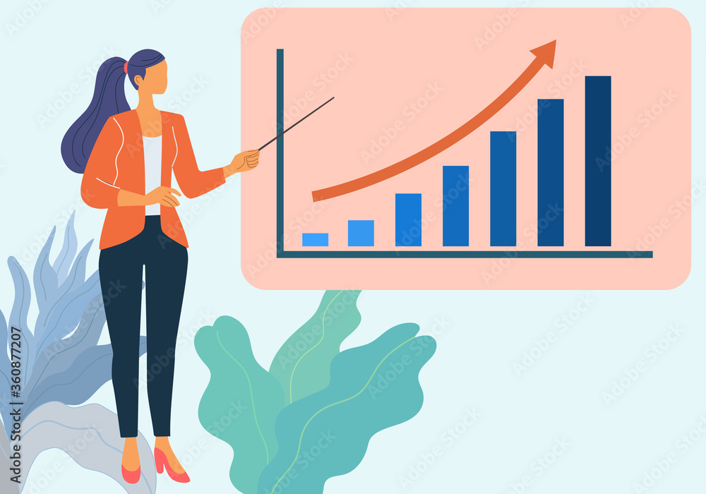 Vector illustration of businesswoman standing show graphs presentation ...