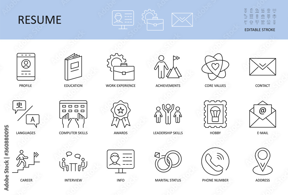 Resume icons. Editable stroke vector set. Includes profile work ...