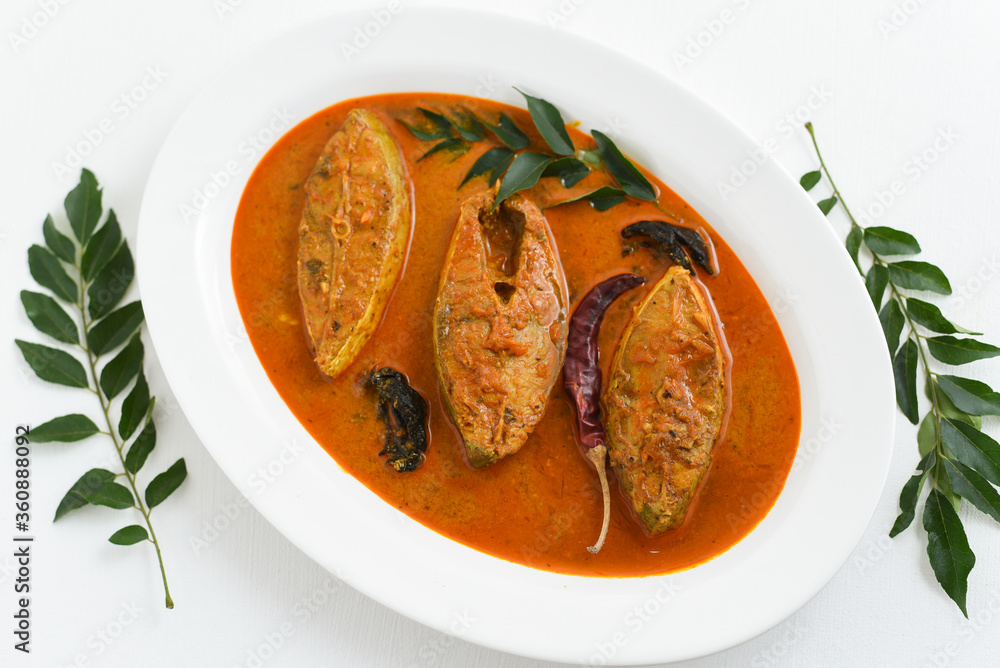 Top view of traditional Goan Pomfret or King fish curry Goa India on ...