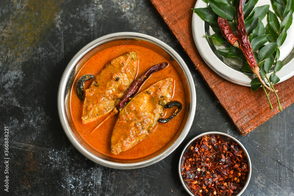 Top view of traditional Goan Pomfret or King fish curry Goa India on ...