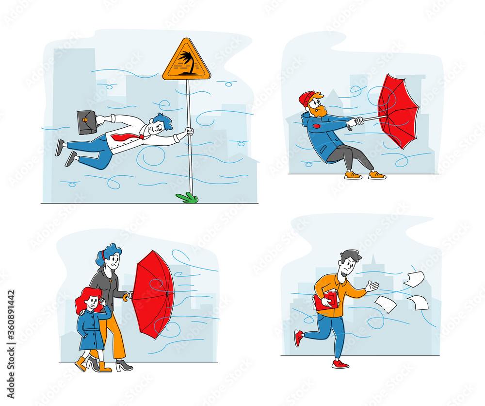 Set Characters Fighting with Strong Wind, Man with Destroyed Umbrella ...
