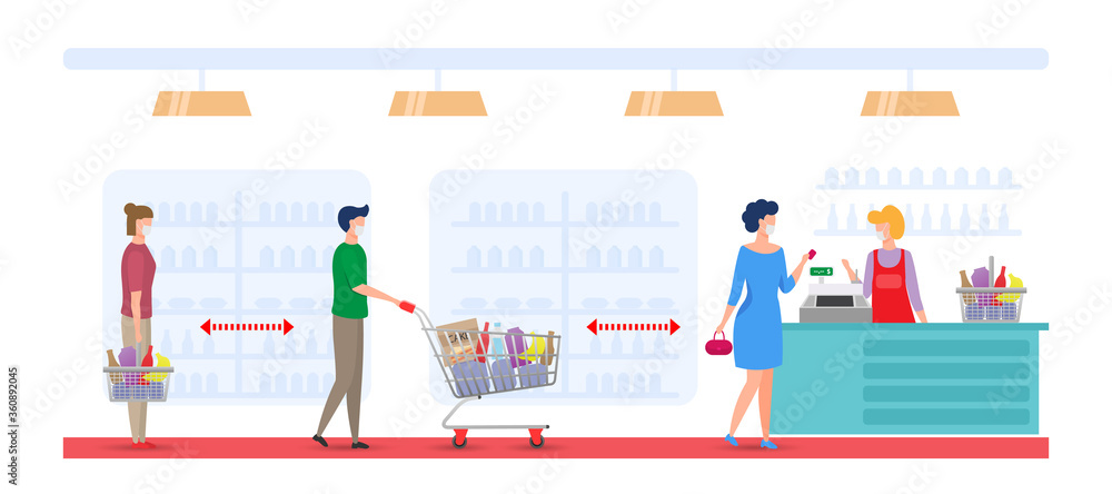 Customers using medical masks maintaining social distance stand in line ...